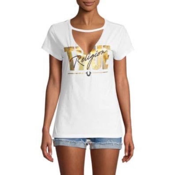 True Religion | Tops | True Religion Vneck Cut Out Gold Logo Graphic ...